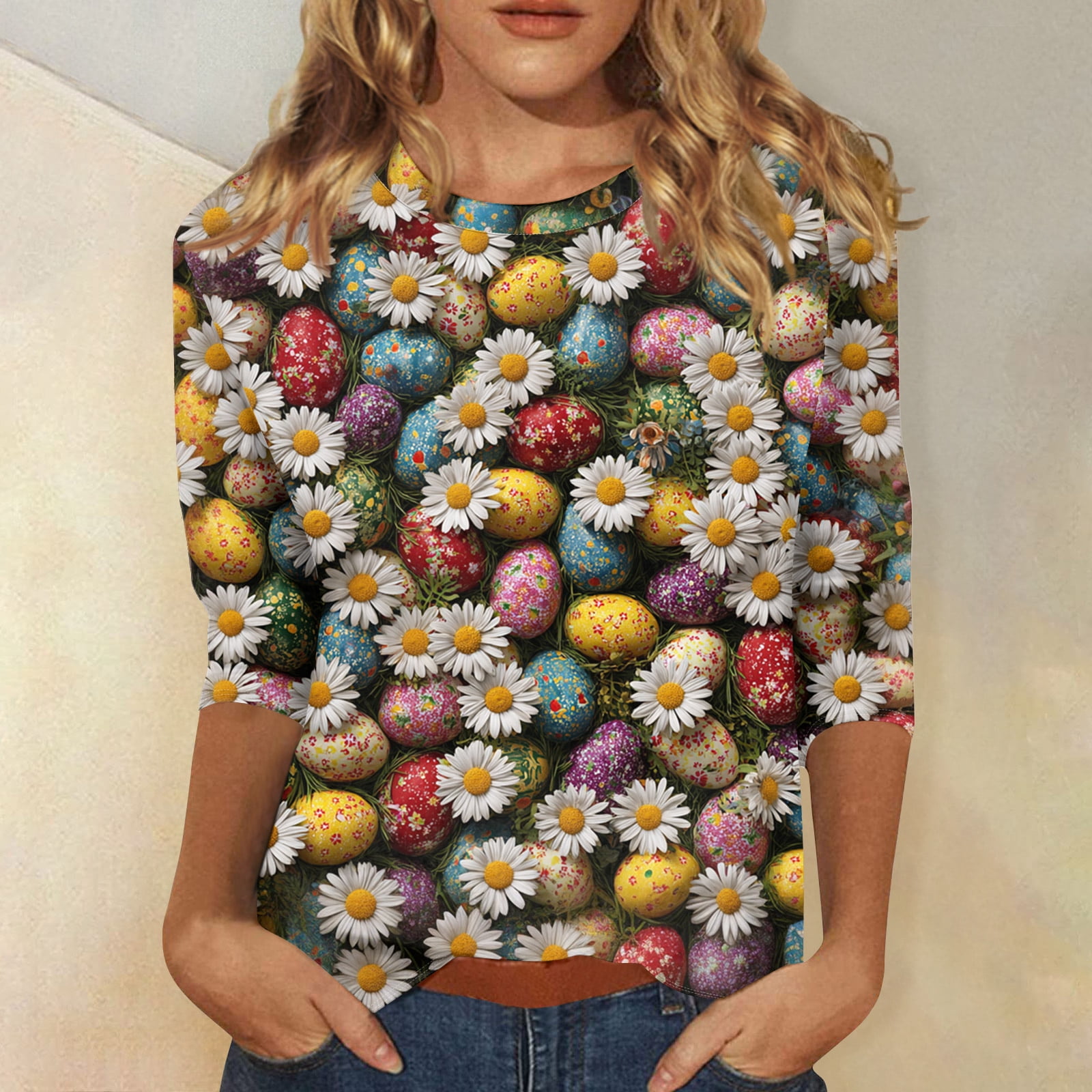 ASDFVBKG Womens 3/4 Sleeve Crewneck Easter Shirts Dressy Bunny Rabbit ...