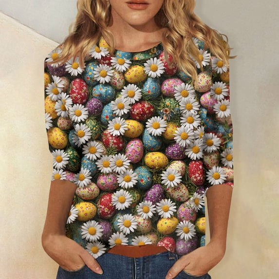 ASDFVBKG Womens 3/4 Sleeve Crewneck Easter Shirts Dressy Bunny Rabbit ...