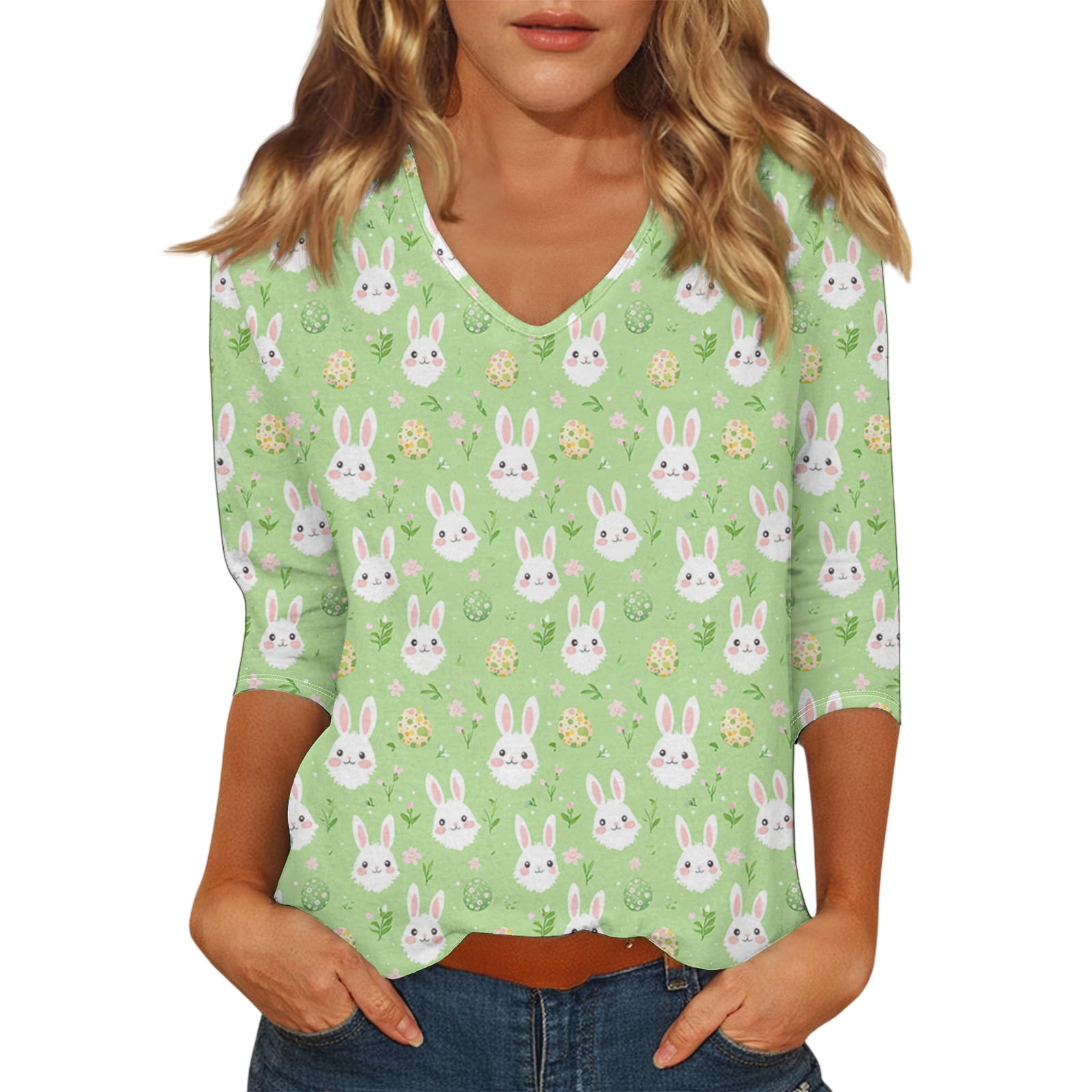 ASDFVBKG Womens 3/4 Sleeve V Neck Easter Shirts Fashion Cute Bunny and ...