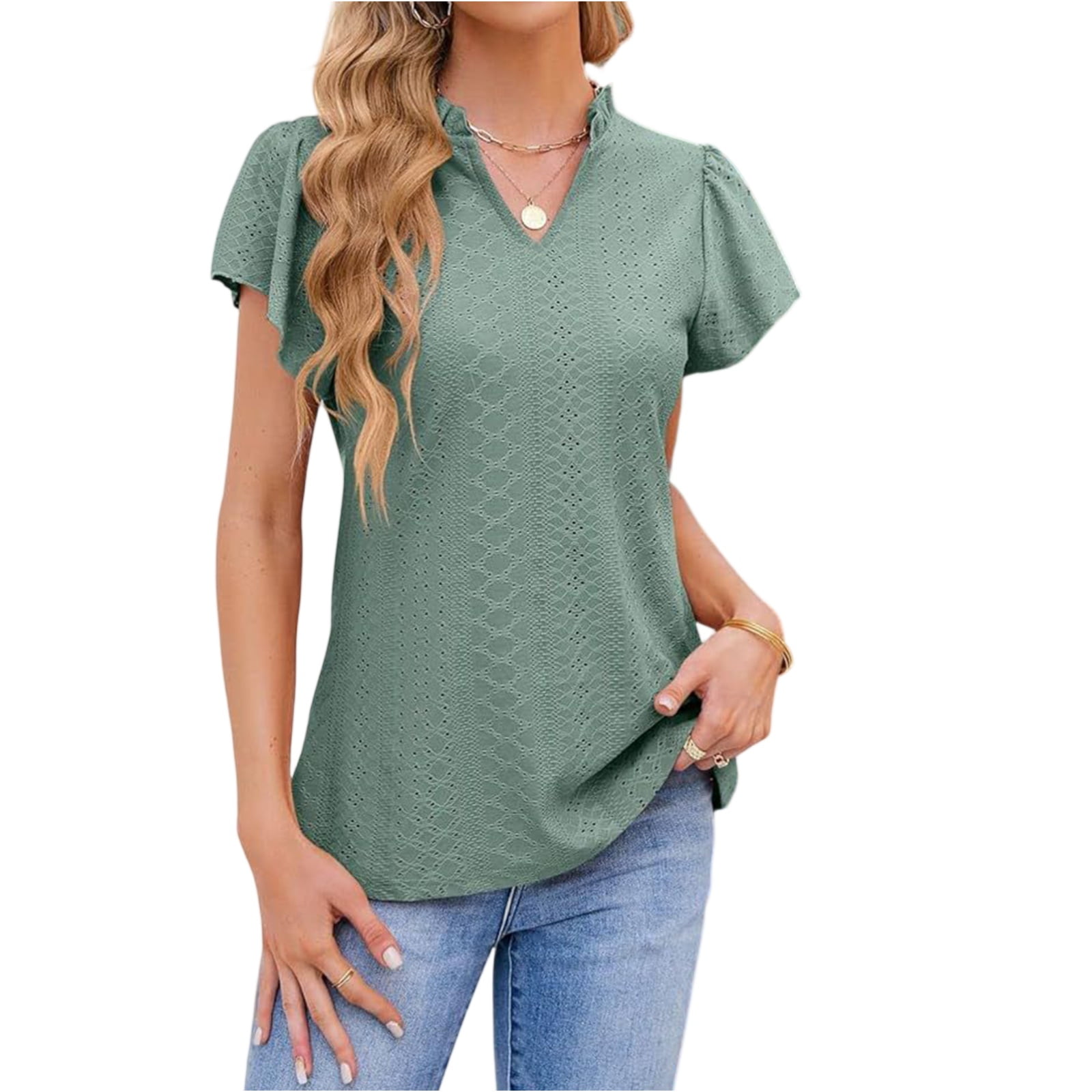 ASDFVBKG Womens Blouses Cozy Short Sleeve Eyelet V-Neck Blouse Fashion ...