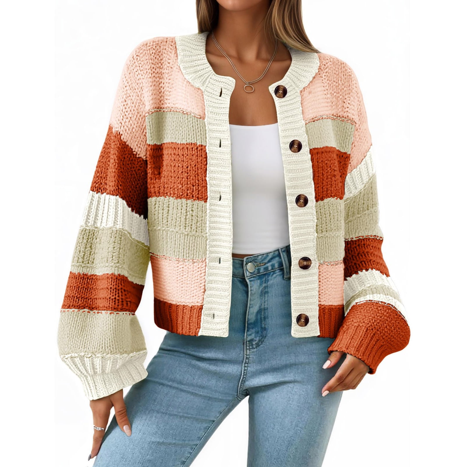 ASDFVBKG Womens Cardigans Color Block Long Sleeve Trendy Sweater Open ...