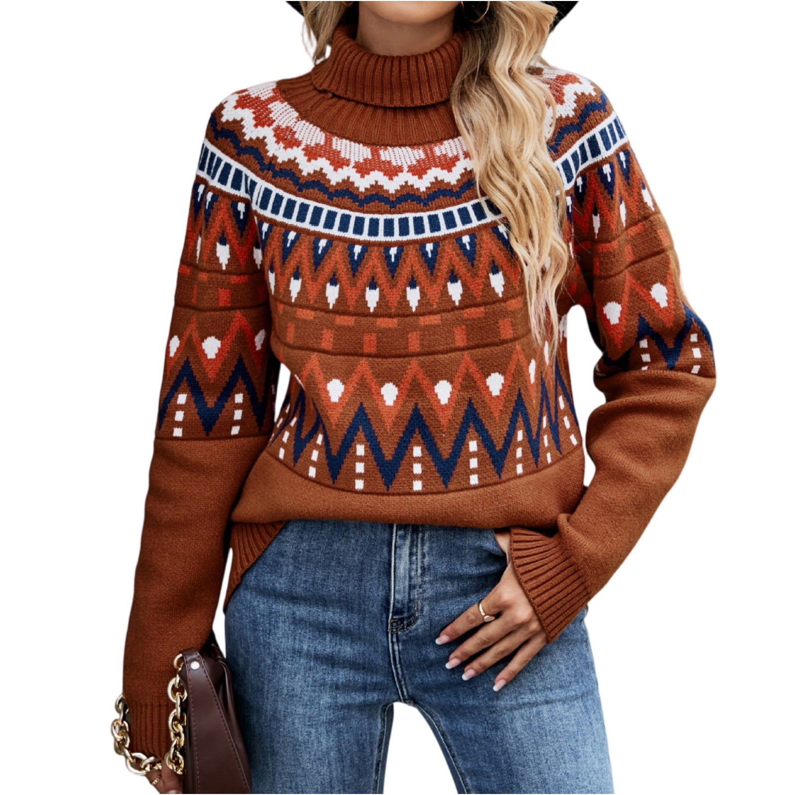 ASDFVBKG Womens Casual Fair Isle Sweater Loose Round Neck Raglan Sleeve ...