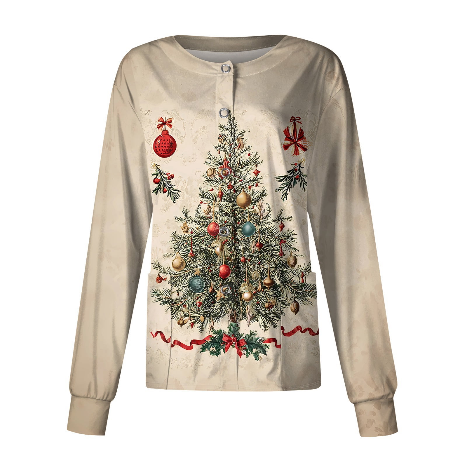 ASDFVBKG Womens Christmas Scrubs Long Sleeve Plus Size Crew Neck Button ...