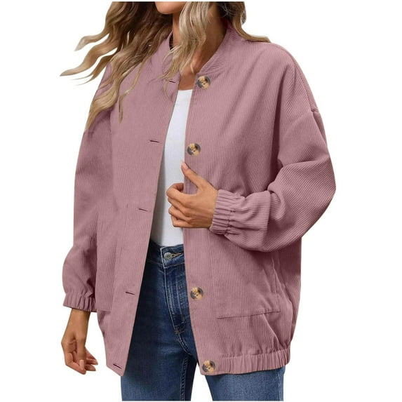 ASDFVBKG Womens Corduroy Shacket Coat Long Sleeve Button Stand Collar Loose Coats Pocket ...