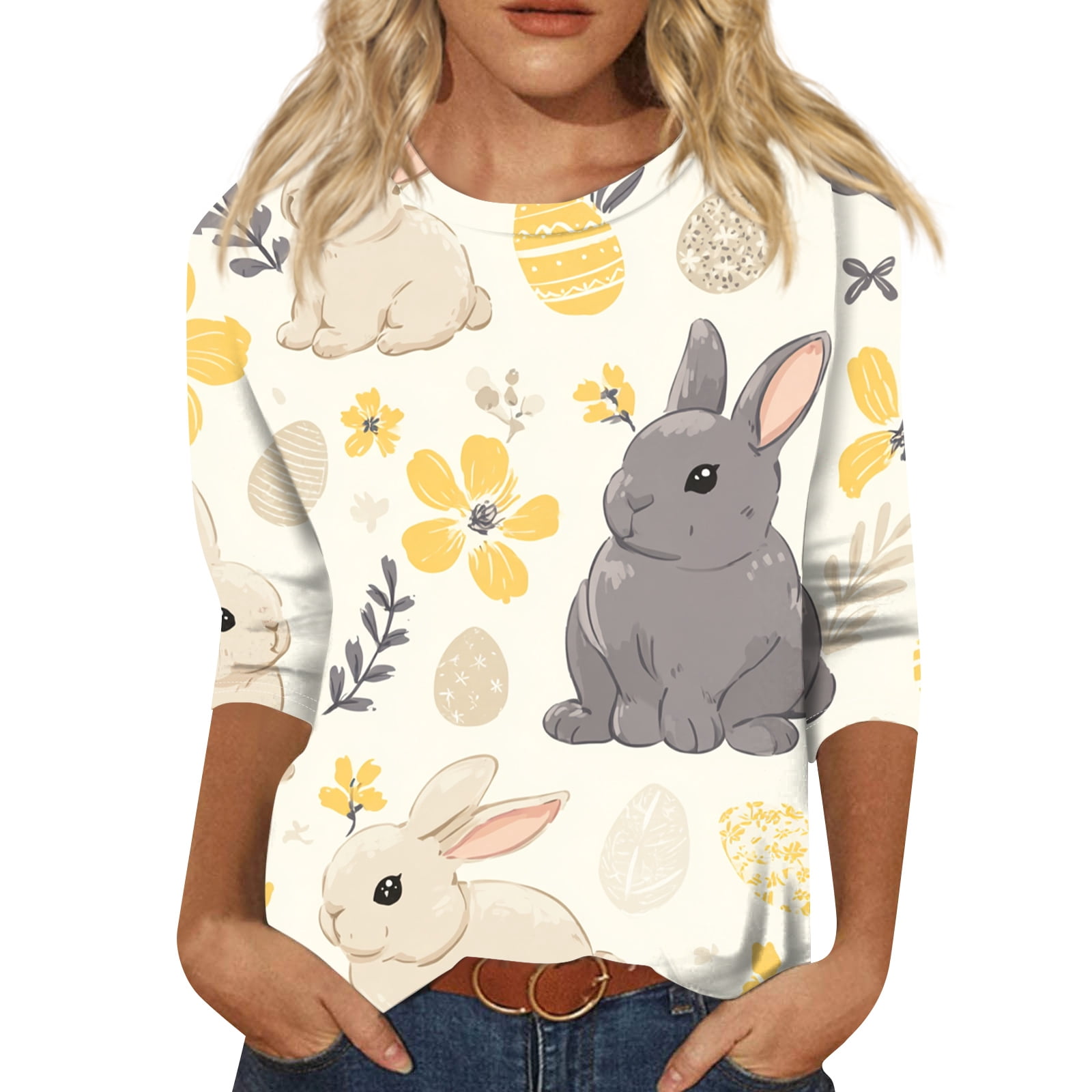 ASDFVBKG Womens Dress Shirts 3/4 Sleeve Rabbit Printed Blouse Summer ...