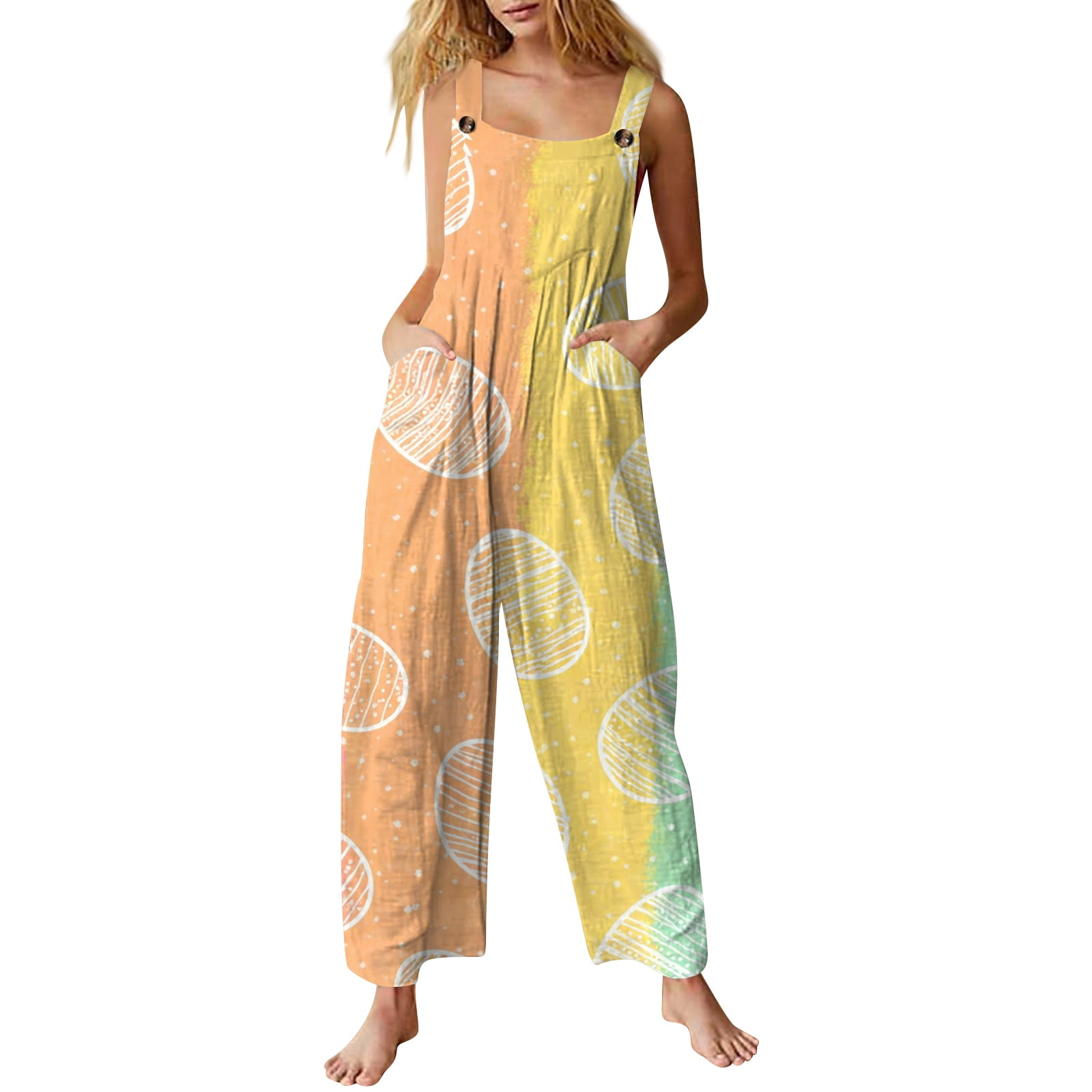 ASDFVBKG Womens Easter Jumpsuit Plus Size Colored Eggs Print Wide Leg ...