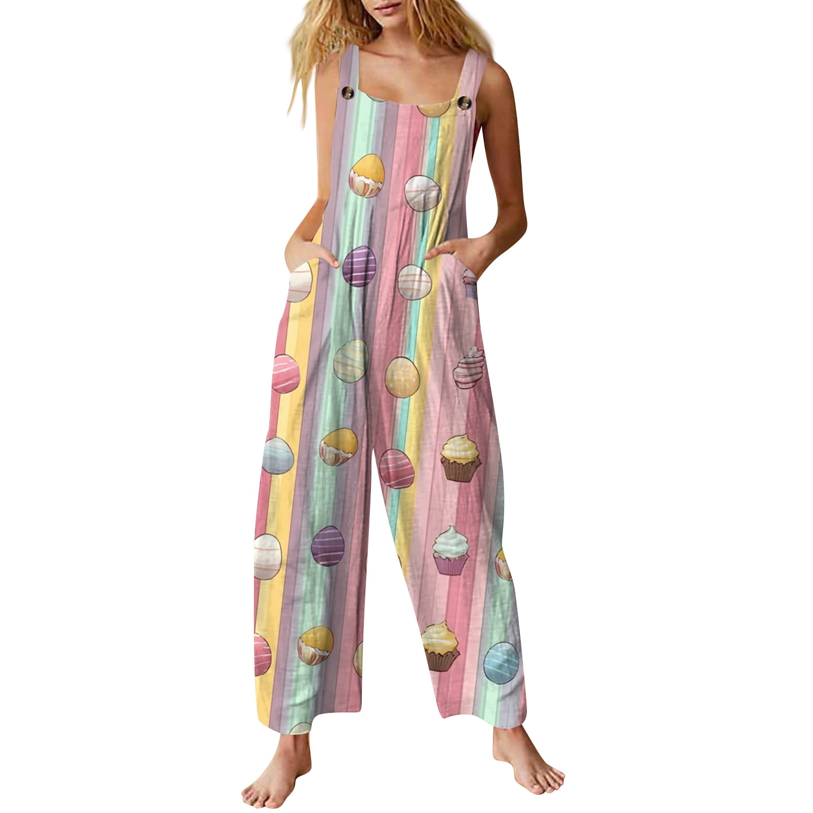 ASDFVBKG Womens Easter Jumpsuit Plus Size Colored Eggs Print Wide Leg ...