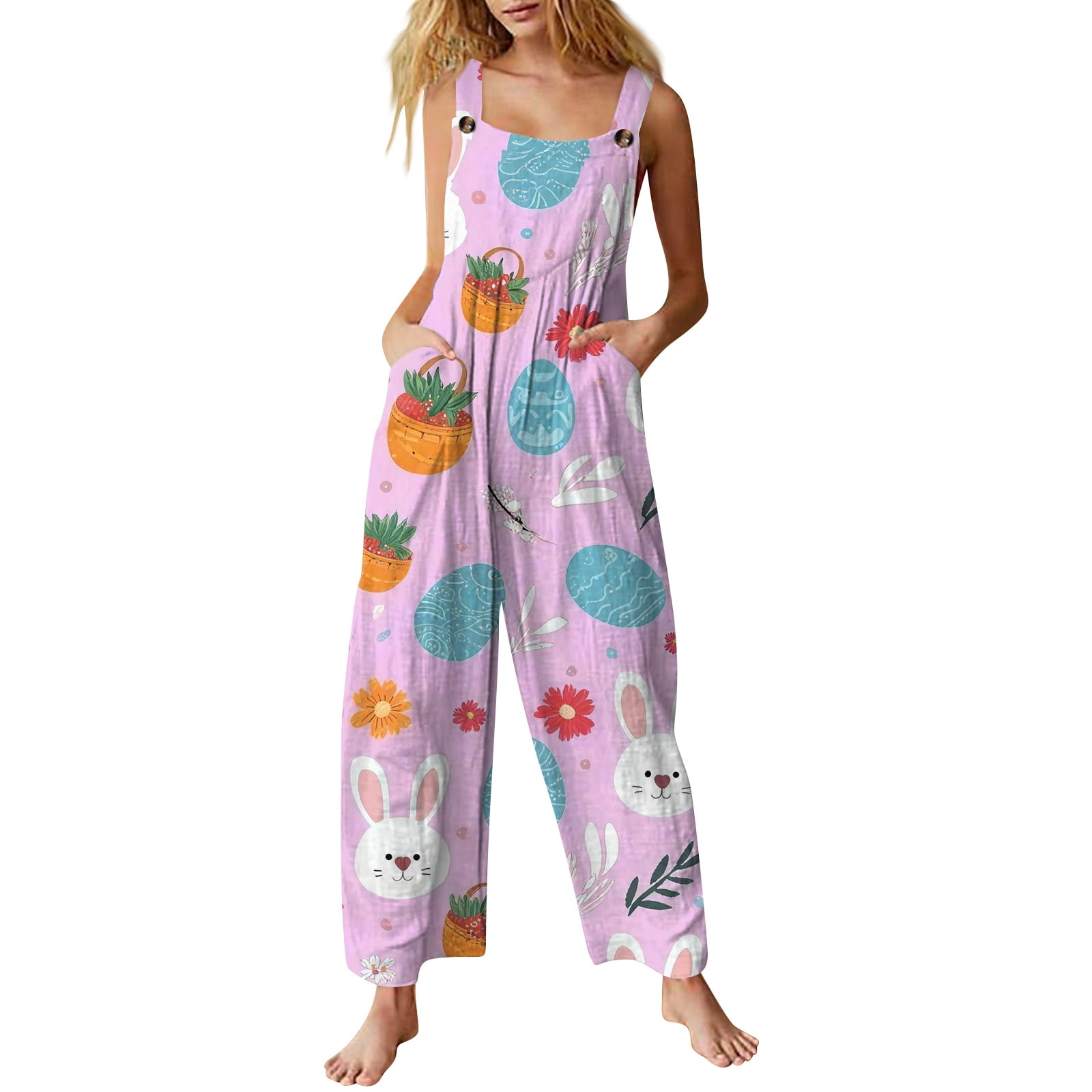ASDFVBKG Womens Easter Jumpsuit Plus Size Cotton Ribbed Knit Wide Leg ...