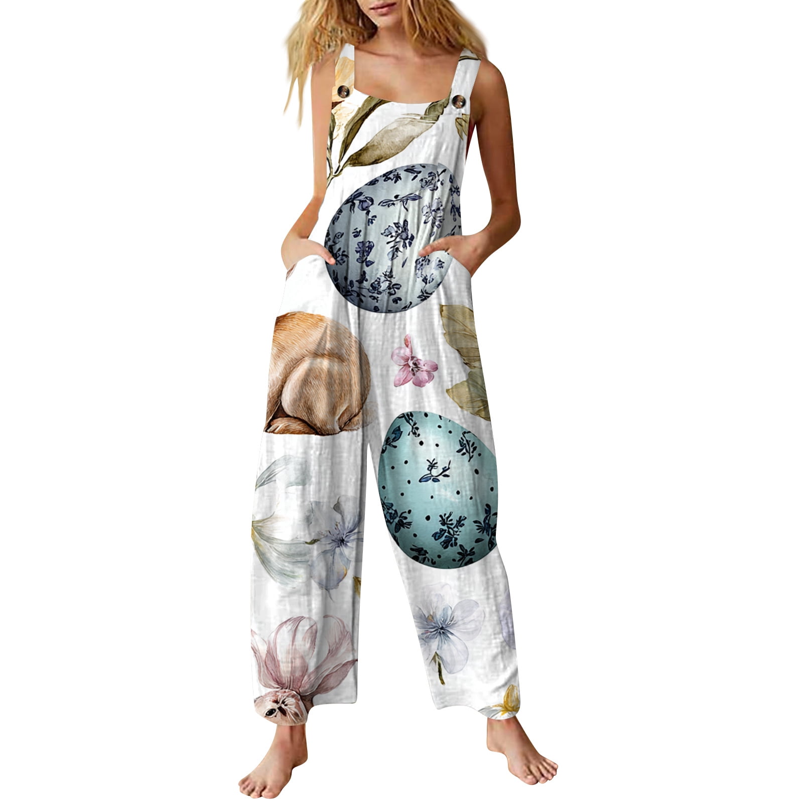 ASDFVBKG Womens Easter Jumpsuit Plus Size Cotton Ribbed Knit Wide Leg ...