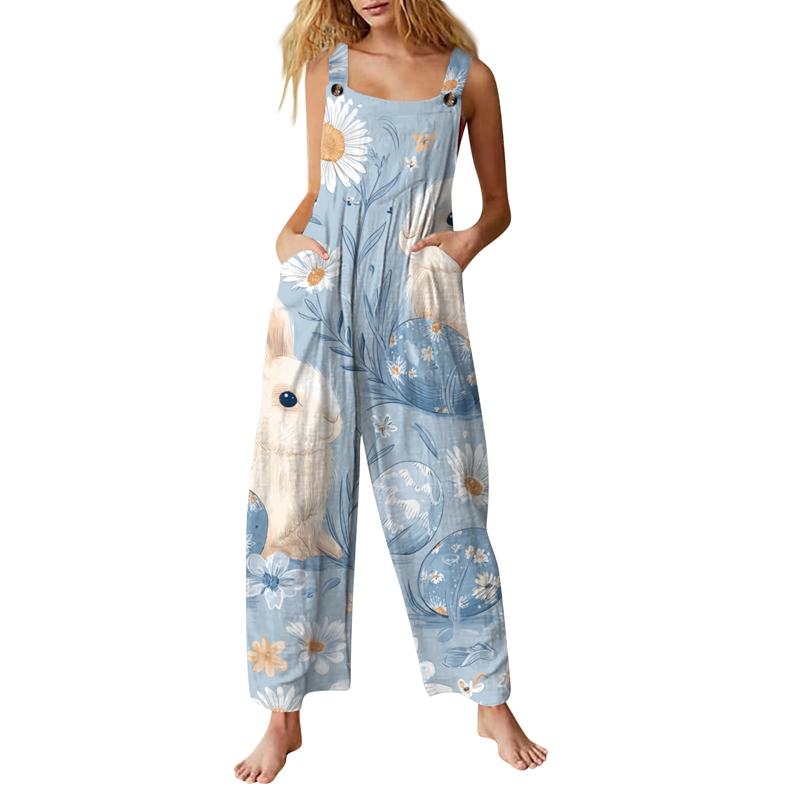 ASDFVBKG Womens Easter Jumpsuit Plus Size Cotton Ribbed Knit Wide Leg ...