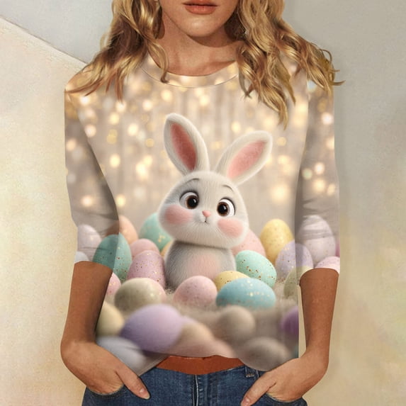 ASDFVBKG Womens Easter Shirts,3/4 Length Sleeve Crew Neck Shirts Trendy ...
