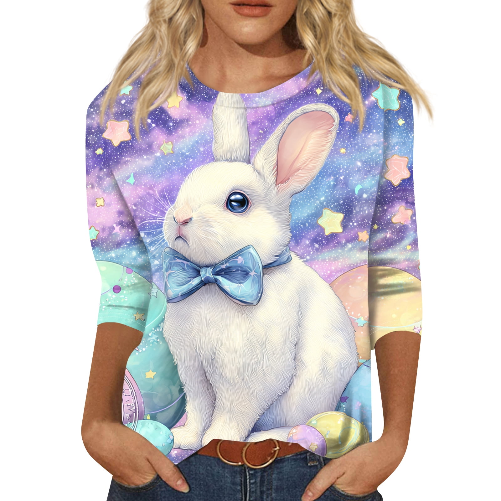 ASDFVBKG Womens Easter Shirts,3/4 Length Sleeve Crew Neck T-Shirts ...