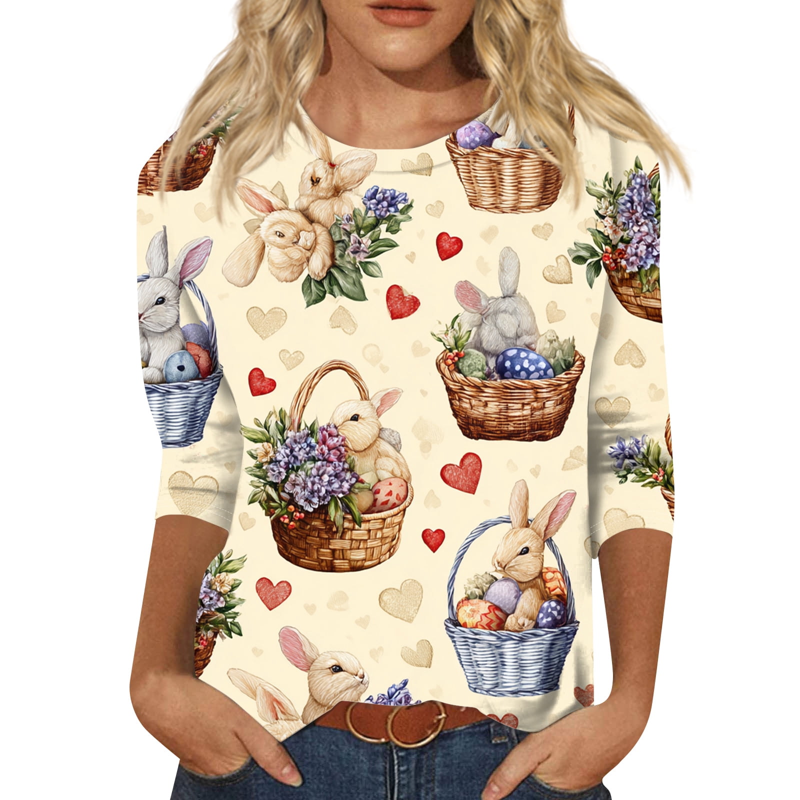 ASDFVBKG Womens Easter Shirts Crew Neck 3/4 Length Sleeve Shirts Dressy ...