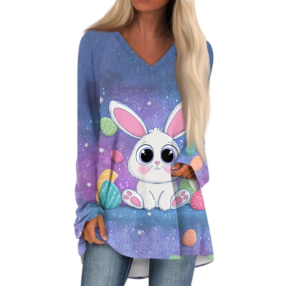 ASDFVBKG Womens Easter Shirts,Long Sleeve V-Neck Tee Shirts Mid-Length ...