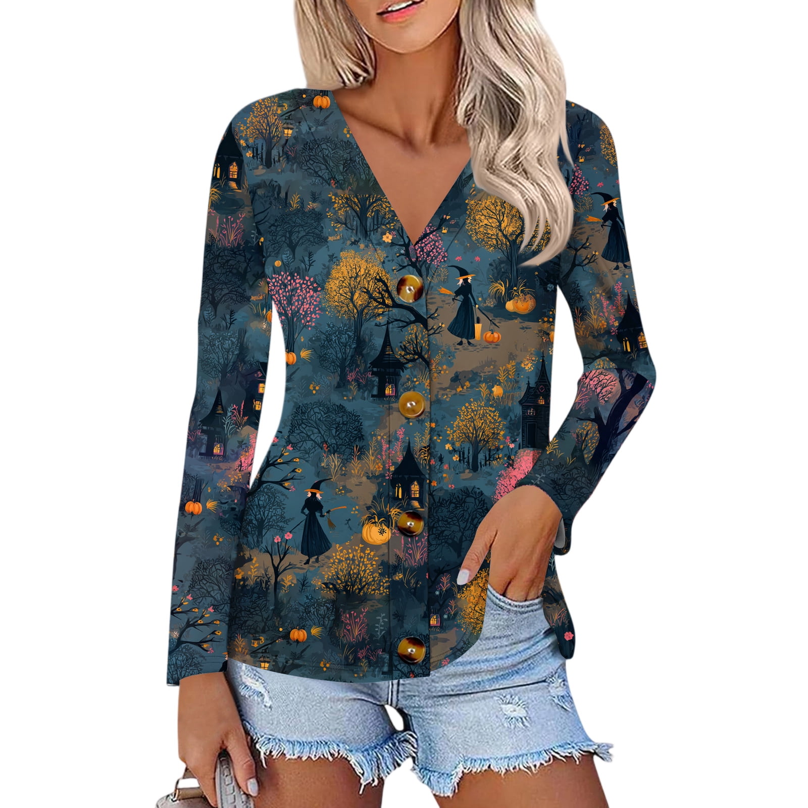 ASDFVBKG Womens Halloween Costumes Long Sleeve Tshirt Top Funny Graphic Print Button Down Sexy V ...