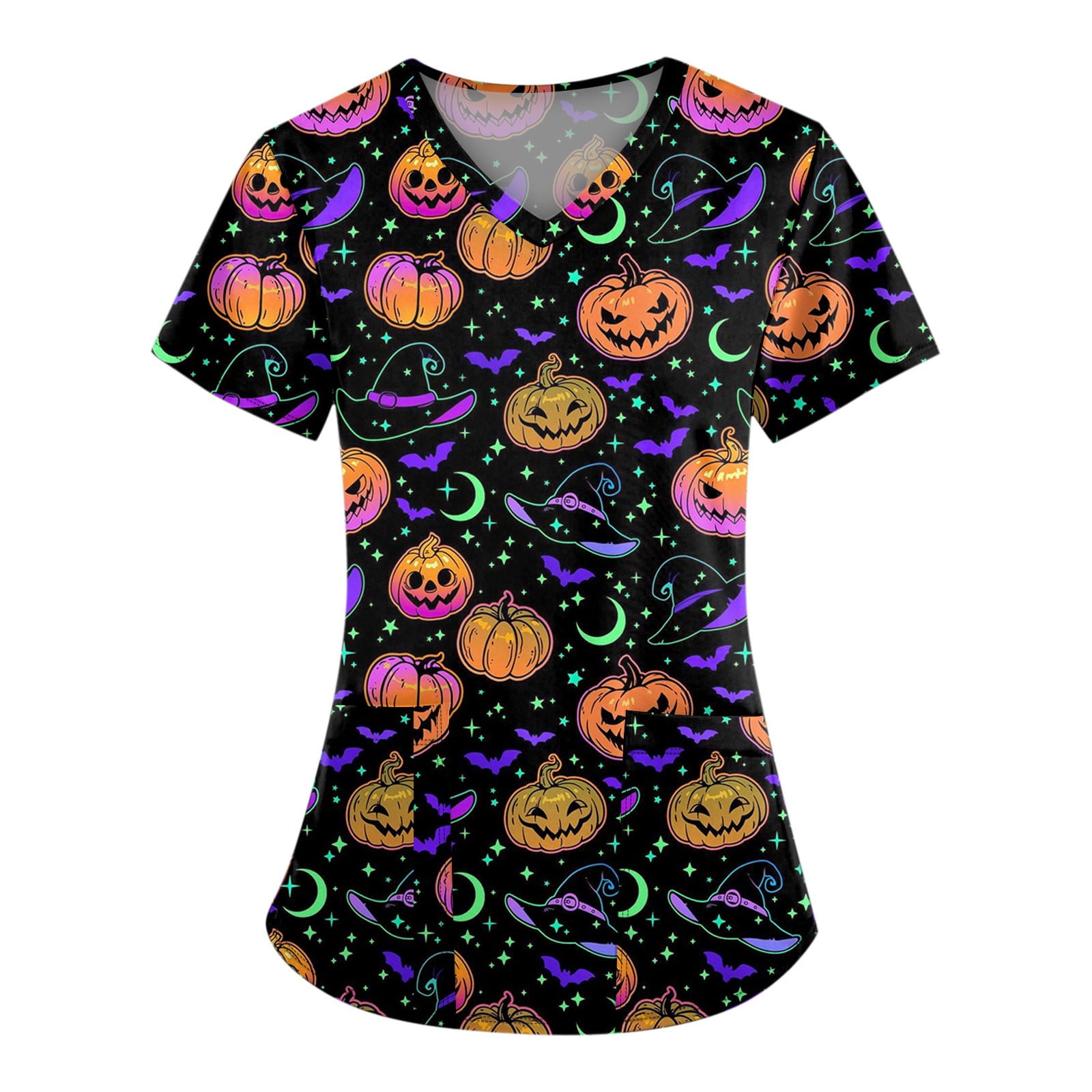 ASDFVBKG Womens Halloween Scrub Top Pumpkin Bat Graphic Short Sleeve Top V Neck with Pocket ...