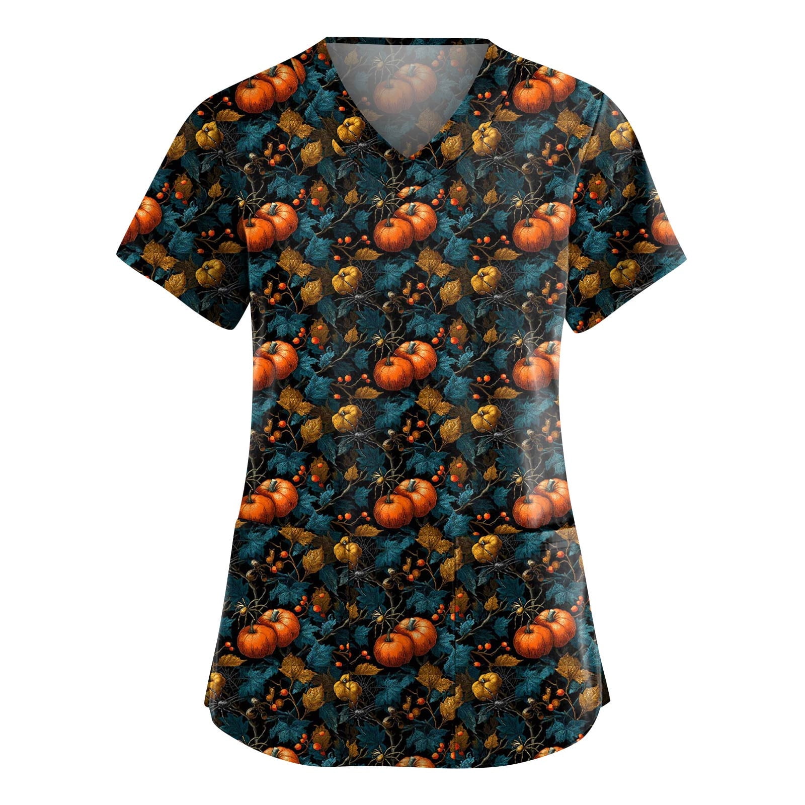 ASDFVBKG Womens Halloween Scrub Top Pumpkin Bat Graphic Short Sleeve Top V Neck with Pocket ...