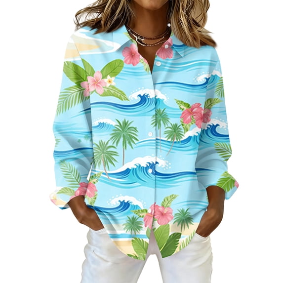 ASDFVBKG Womens Hawaiian T-Shirts Casual Boho Long Sleeve V-Neck Shirts ...