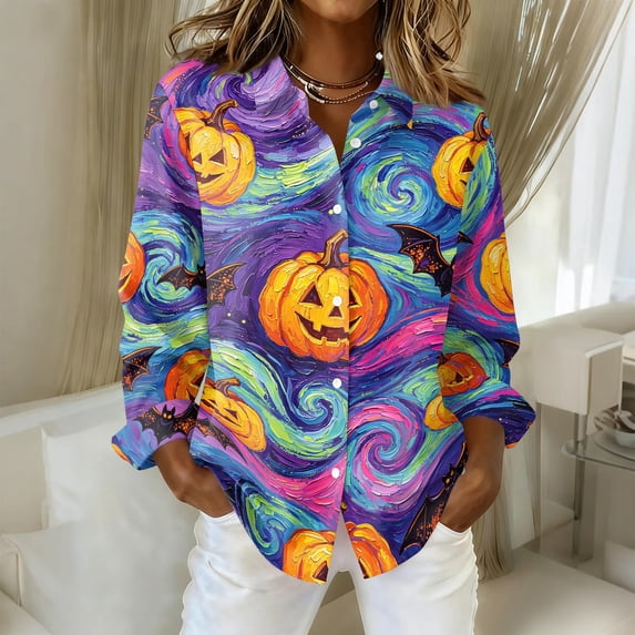 ASDFVBKG Womens Long Sleeve Halloween Blouse Button Down Pumpkins Skull ...