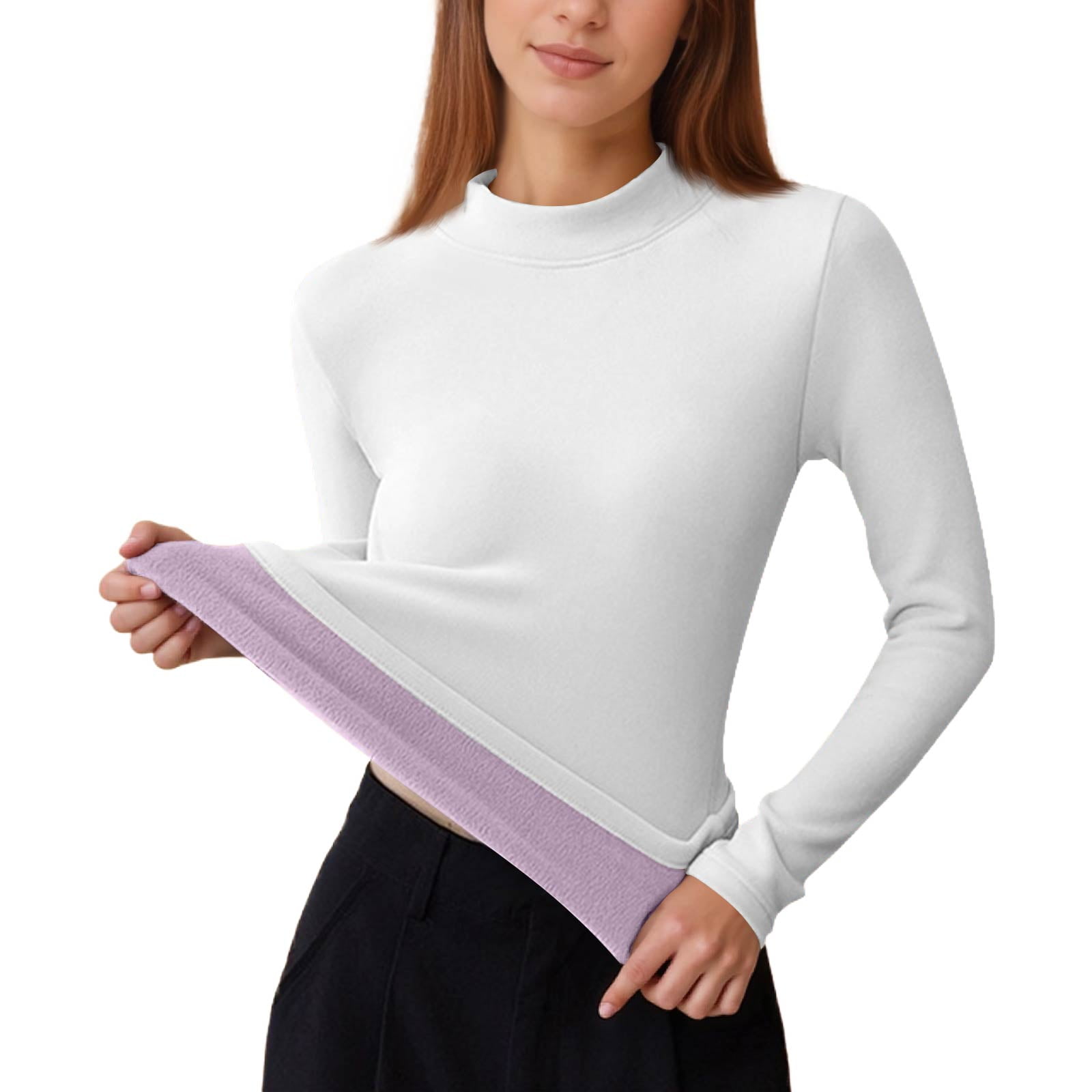 ASDFVBKG Womens Long Sleeve Shirts Thermal Long Sleeve Slim Fitted Basic Base Layer Fleece Lined ...