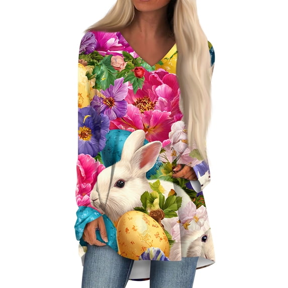 ASDFVBKG Womens Long Sleeve V Neck Easter T Shirts Mid-Length Cute ...