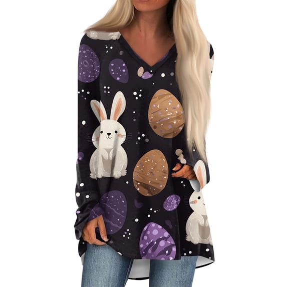 ASDFVBKG Womens Long Sleeve V Neck Easter T Shirts Mid-Length Cute Egg ...
