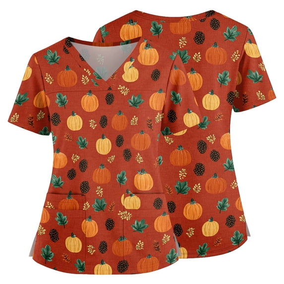 ASDFVBKG Womens Plus Size Halloween Pumpkins Print Nursing Scrub Tops V ...