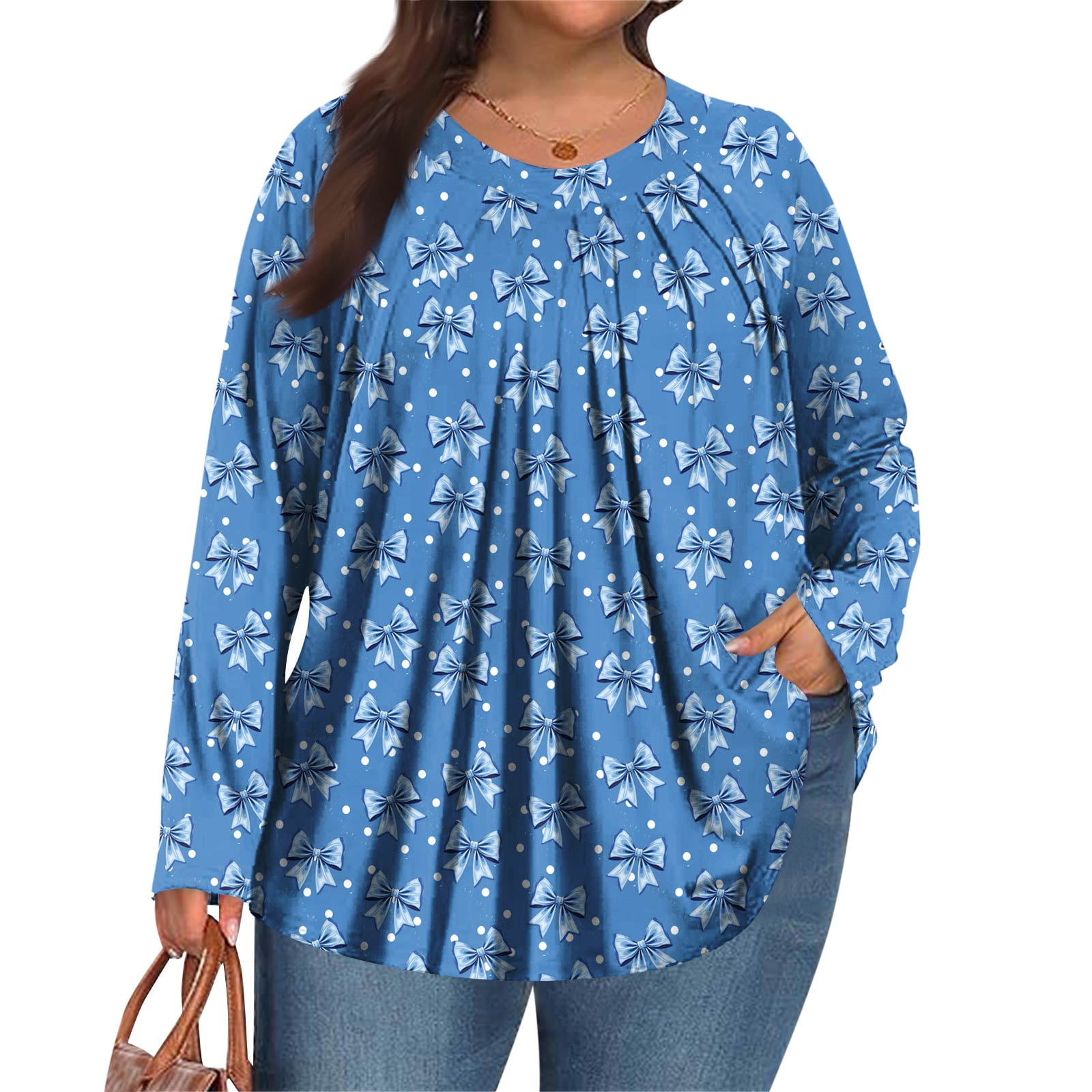 ASDFVBKG Womens Plus Size Tops Long Sleeve Fashion Crew Neck Pleated ...