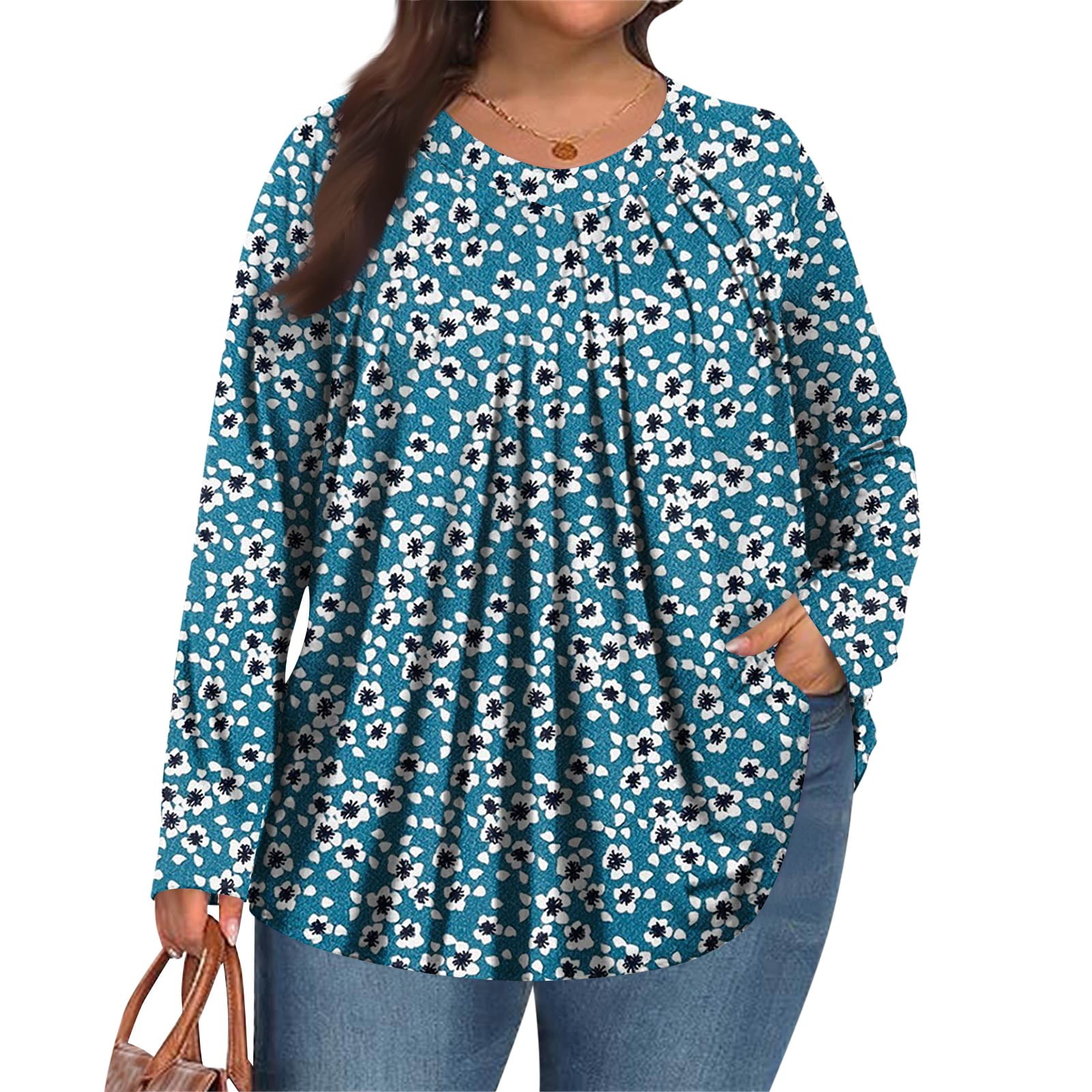 ASDFVBKG Womens Plus Size Tops Long Sleeve Pleated Tie Dye Crew Neck ...