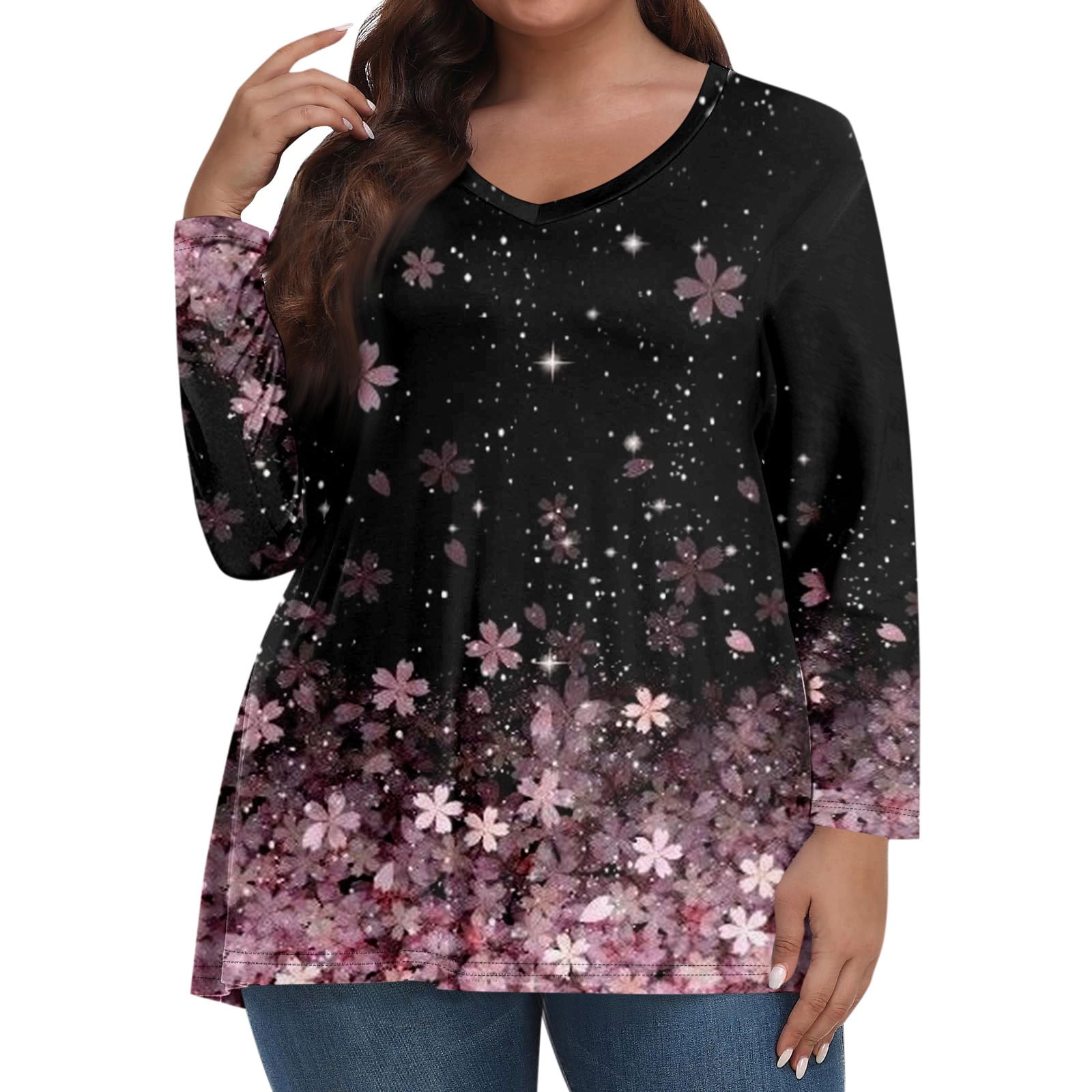 ASDFVBKG Womens Plus Size Tops Long Sleeve Tunics Floral Print Blouses ...
