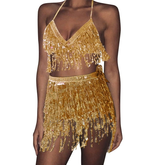 ASDFVBKG Womens Sequin Fringe Skirt Belly Dance Skirt Tassel Hip Scarf For Rave Party Festival ...