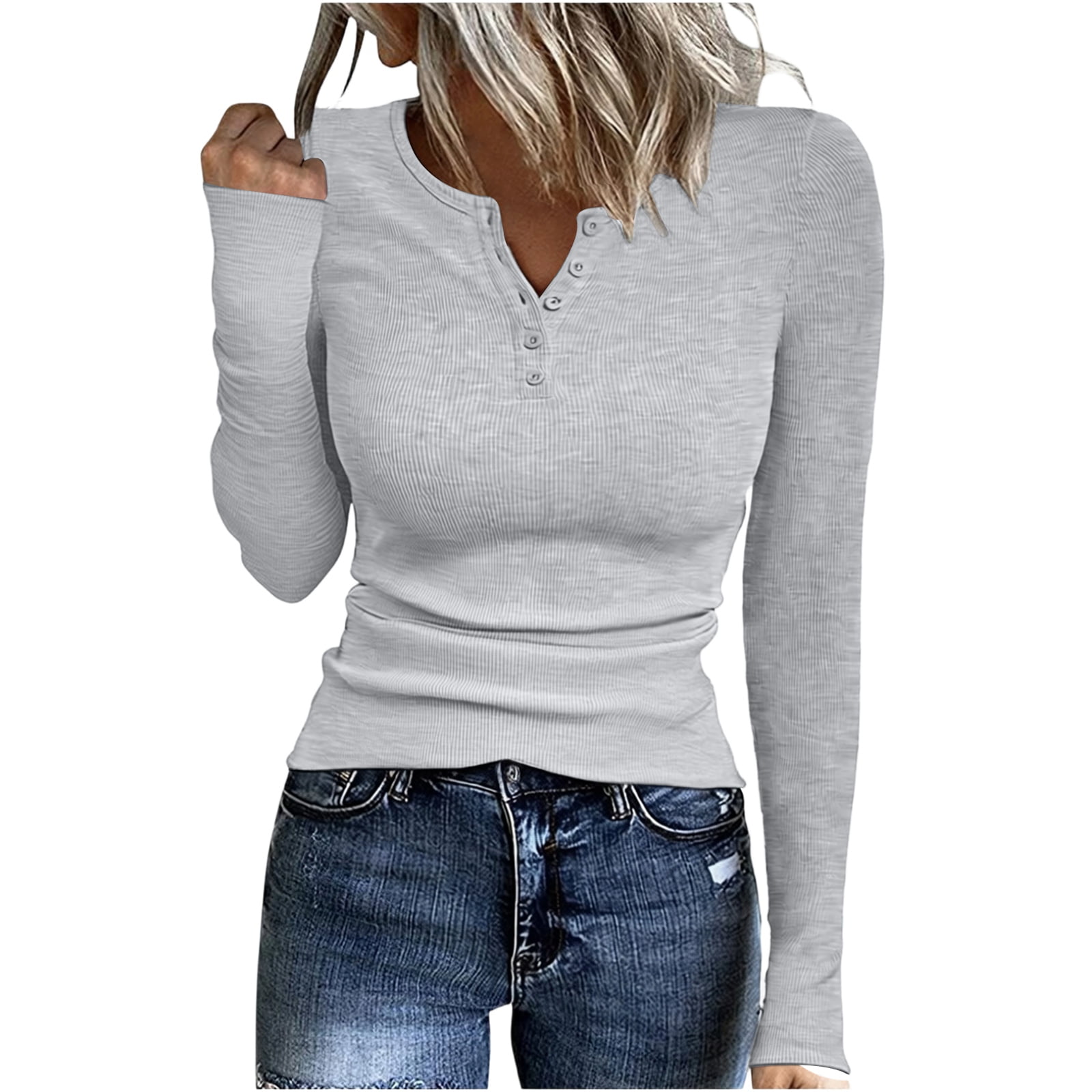 ASDFVBKG Womens Shirts Soft Henley Ribbed Knit Long Sleeve Tops Tunic ...