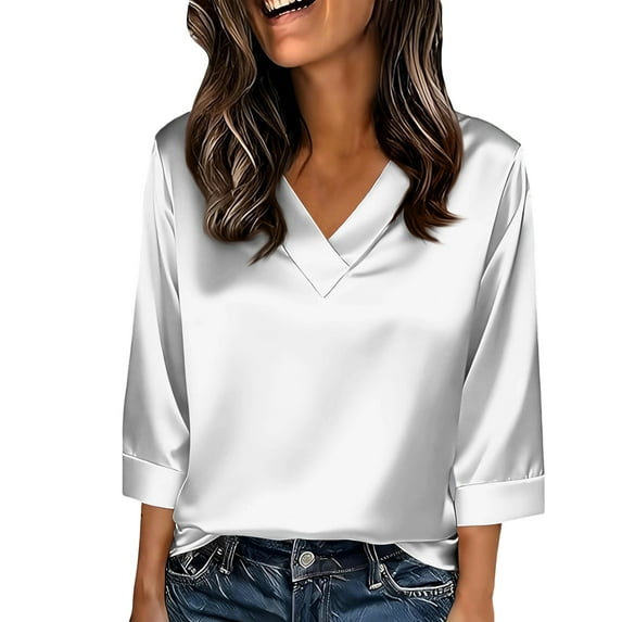 ASDFVBKG Womens Silk Satin Blouses Elegant Short Sleeve Shirts Casual V ...