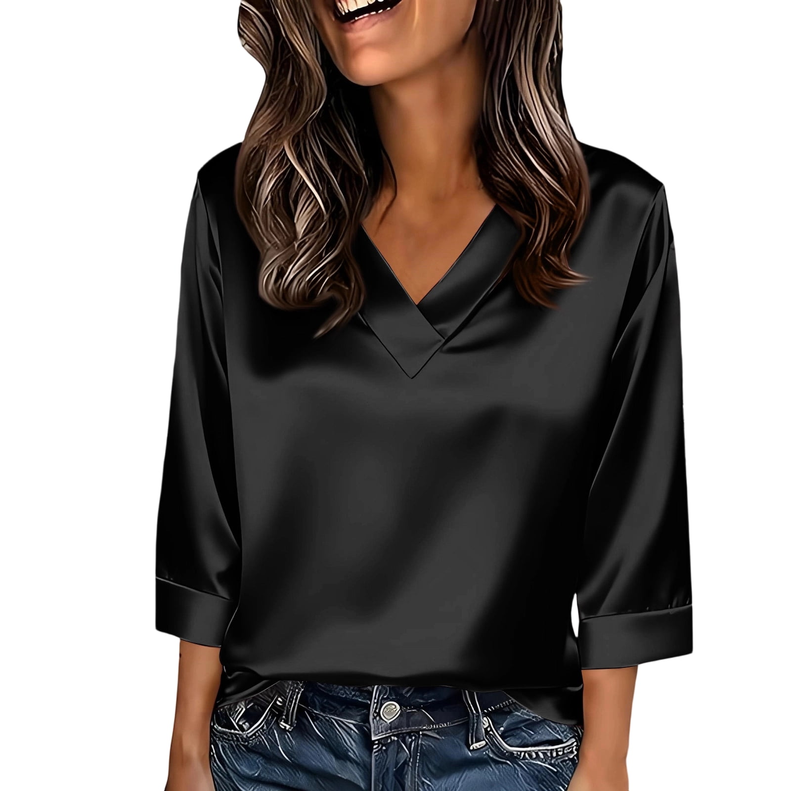 ASDFVBKG Womens Silk Satin Blouses Summer Casual V Neck Shirts Dressy ...