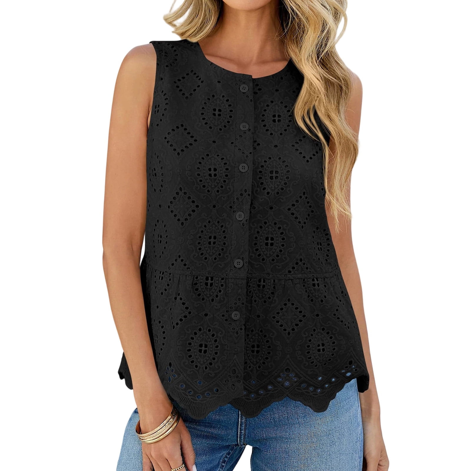 ASDFVBKG Womens Tank Top 2026 Summer Casual Babydoll Sleeveless Eyelet ...