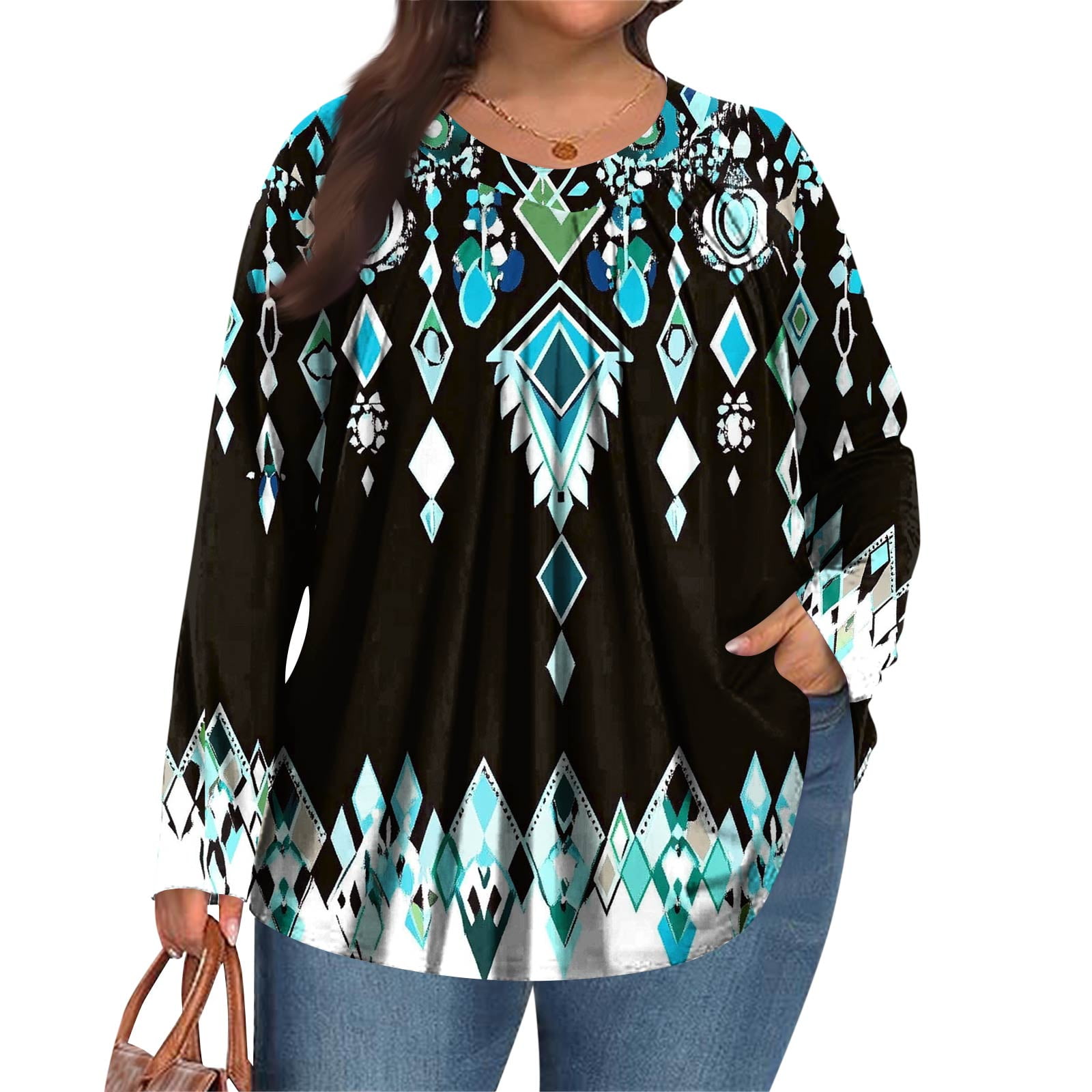 ASDFVBKG Womens Tops Plus Size Long Sleeve Trendy Round Neck Pleated ...