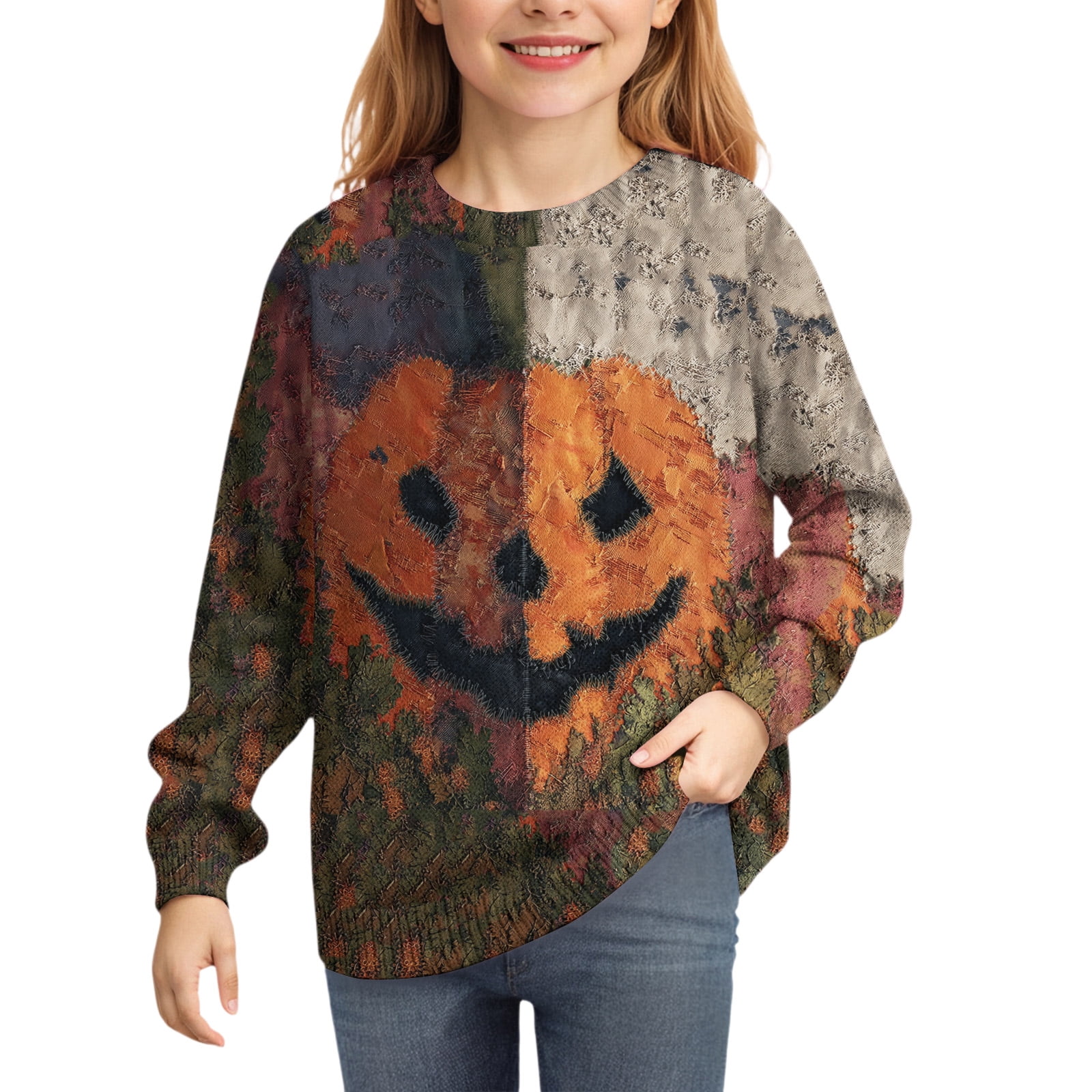 ASDFVBKG girl's Halloween Sweaters 2025 Pumpkin Print Long Sleeve Crew ...