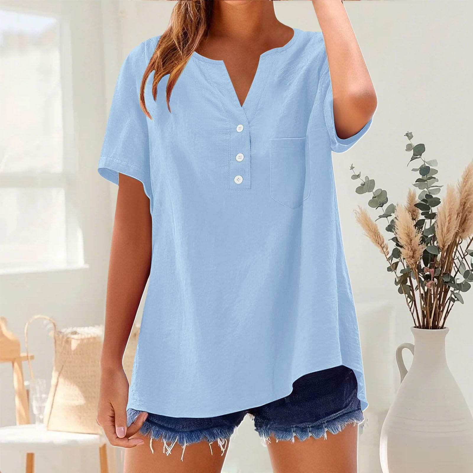 ASDL59L Women Blouses Summer Linen Tops for Women Womens Short Sleeve ...