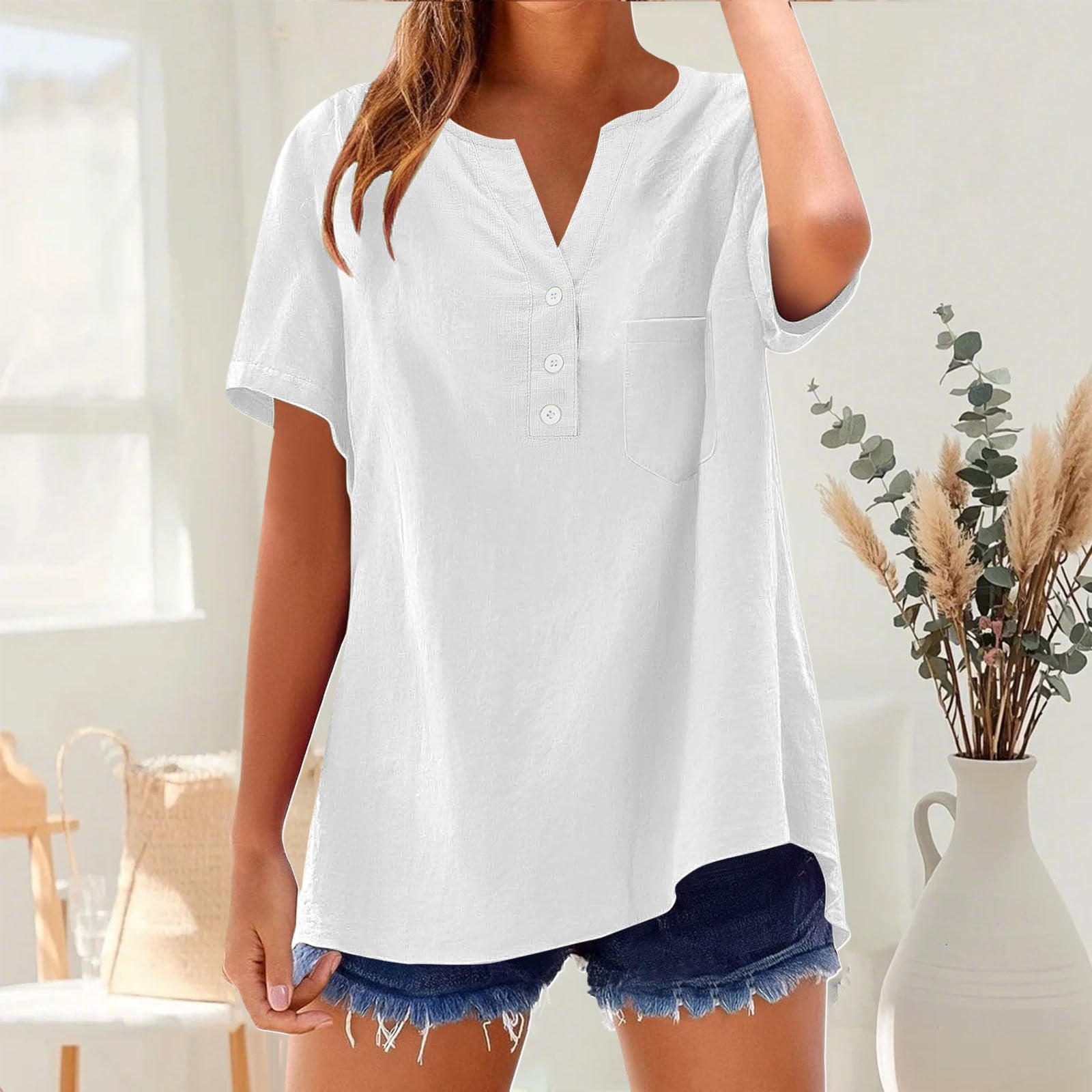 ASDL59L Women Blouses Summer Linen Tops for Women Womens Short Sleeve ...