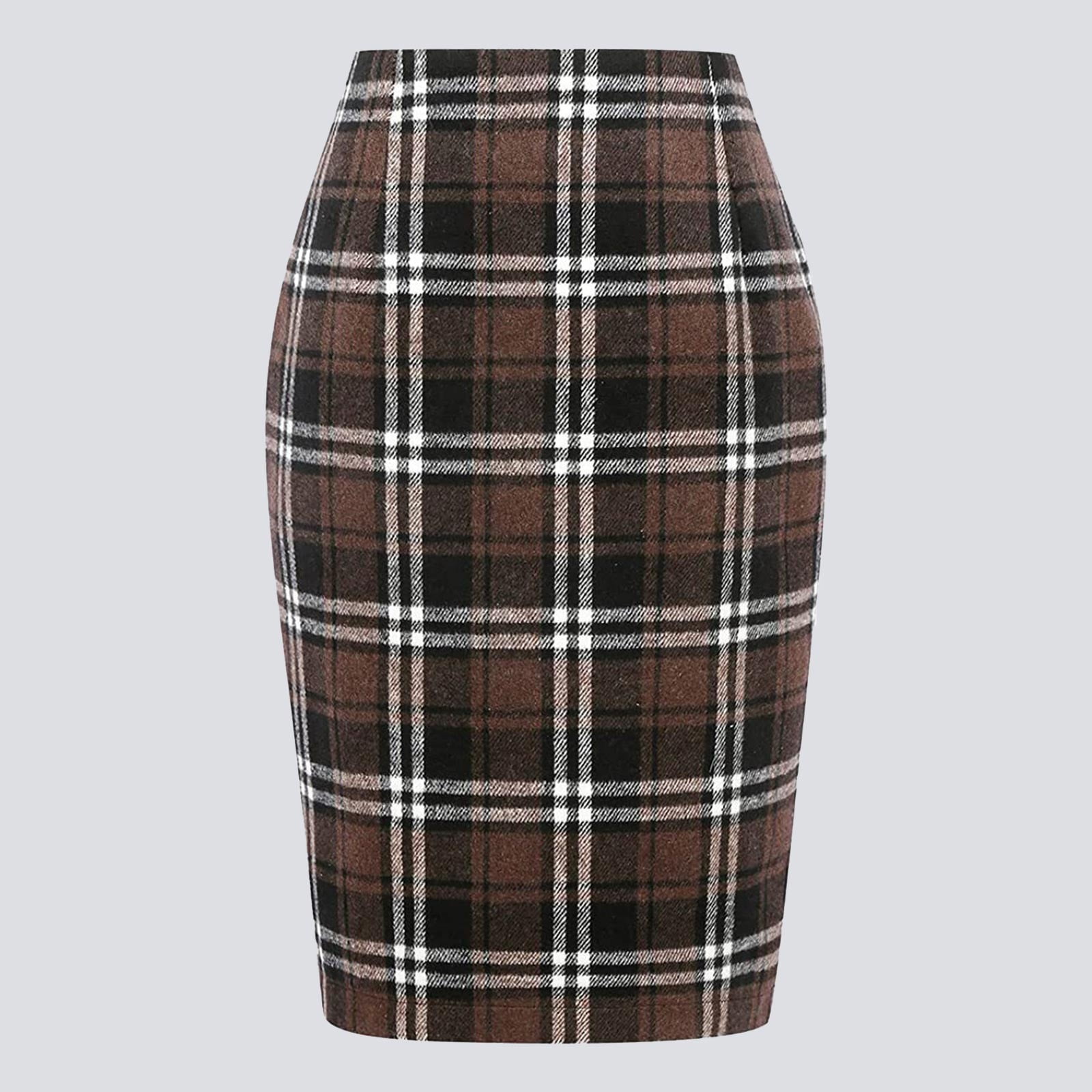 ASDYO Midi Plaid Skirts for Women Fall Winter Knee Length Pencil Wool ...