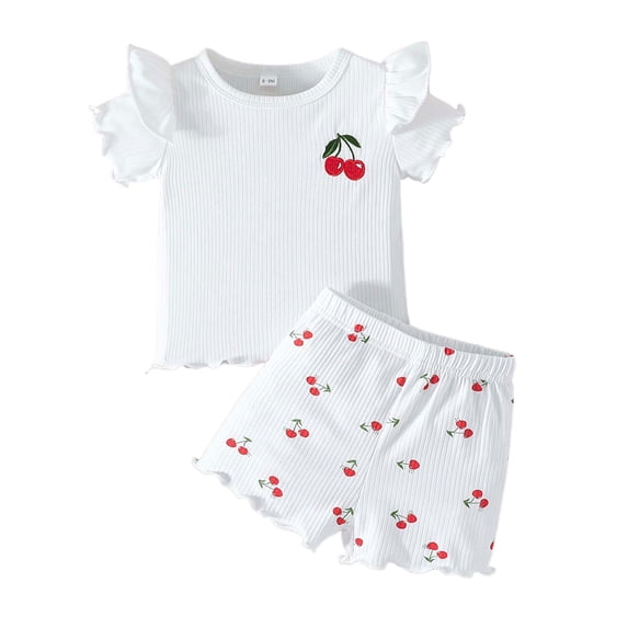 ASEIDFNSA Girl Summer Outfits Cherry Print Ruffle Sleeve Tee Shorts ...