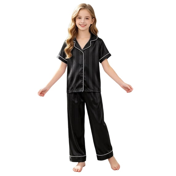 ASEIDFNSA Girls Lounge Set with Satin Collared Button Top and Smooth ...