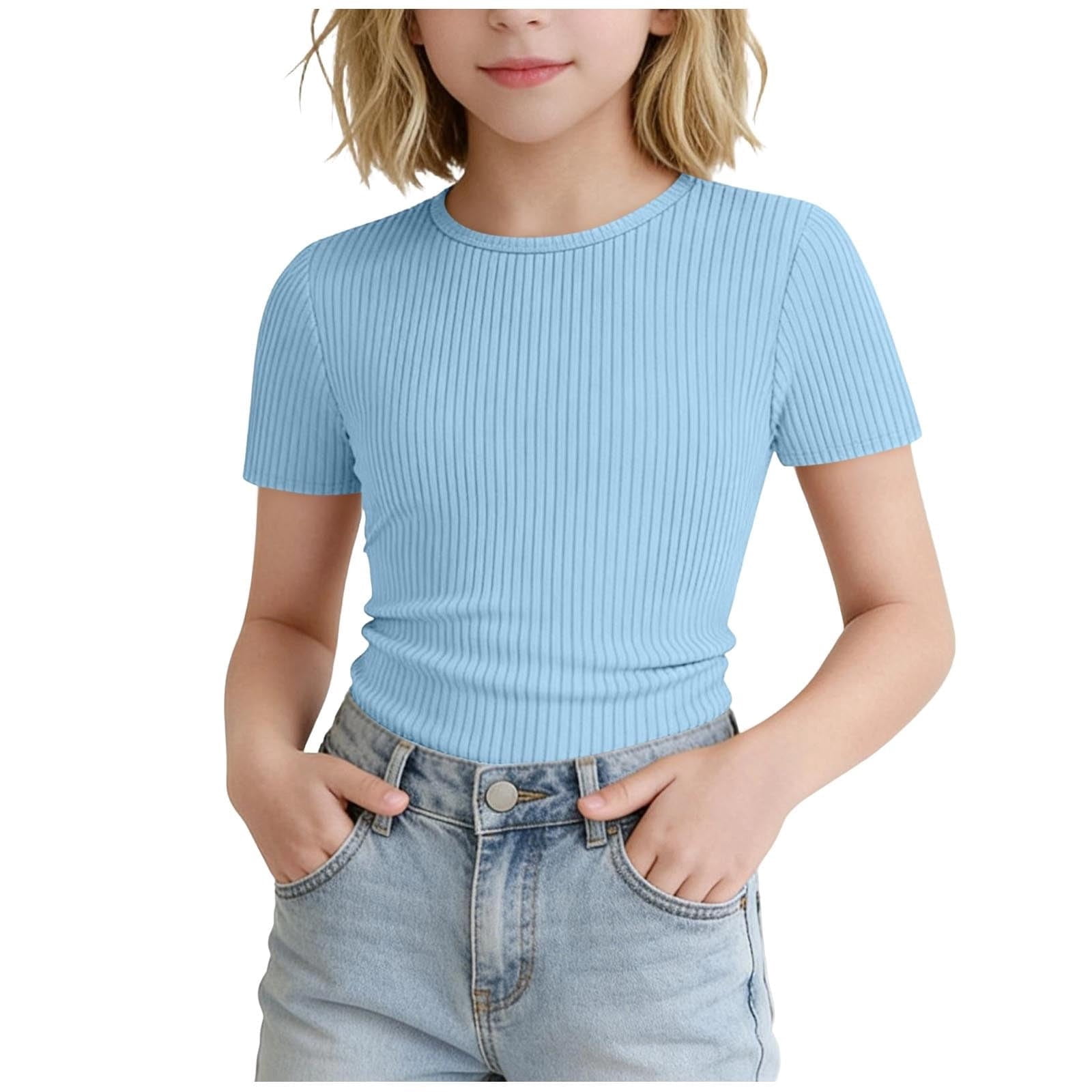 ASEIDFNSA Girls Ribbed Tee Top with Crew Neck Fitted Crop Shape and ...