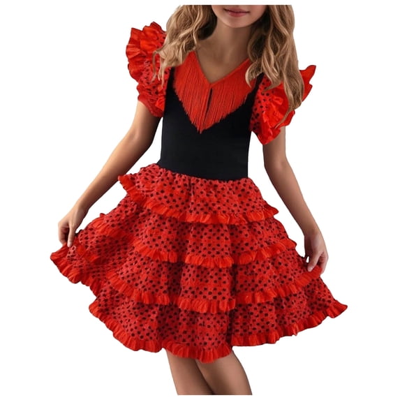 ASEIDFNSA Girls Summer Spanish Dance Dress with Polka Dot Print and ...