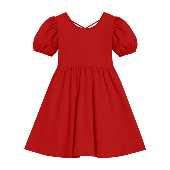 ASEIDFNSA Girls V Neck Puff Sleeve Dress with A Line Skirt Solid Color ...