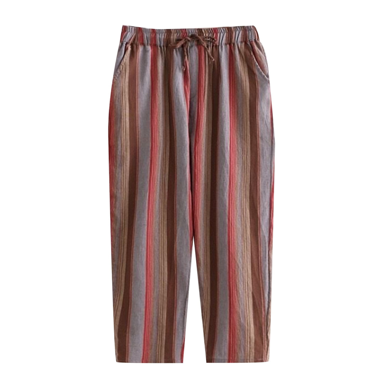 Aseidfnsa Vintage Striped Capri Pants High Waisted Drawstring Radish Pants Leg Sweatpants For