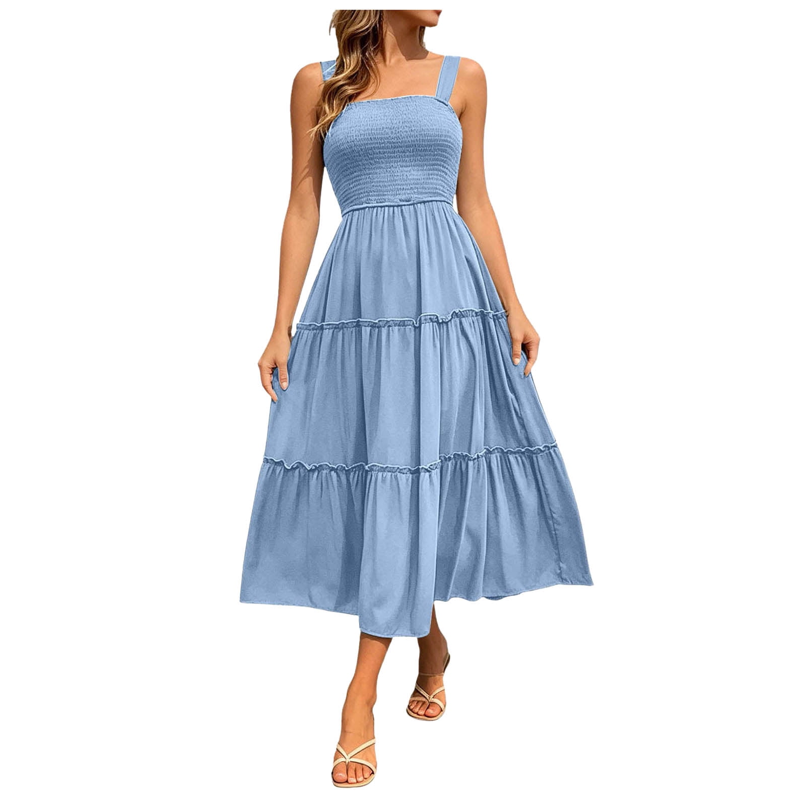 ASEIDFNSA Women Summer Midi Dress Sleeveless Round Neck Tiered Ruffle A ...