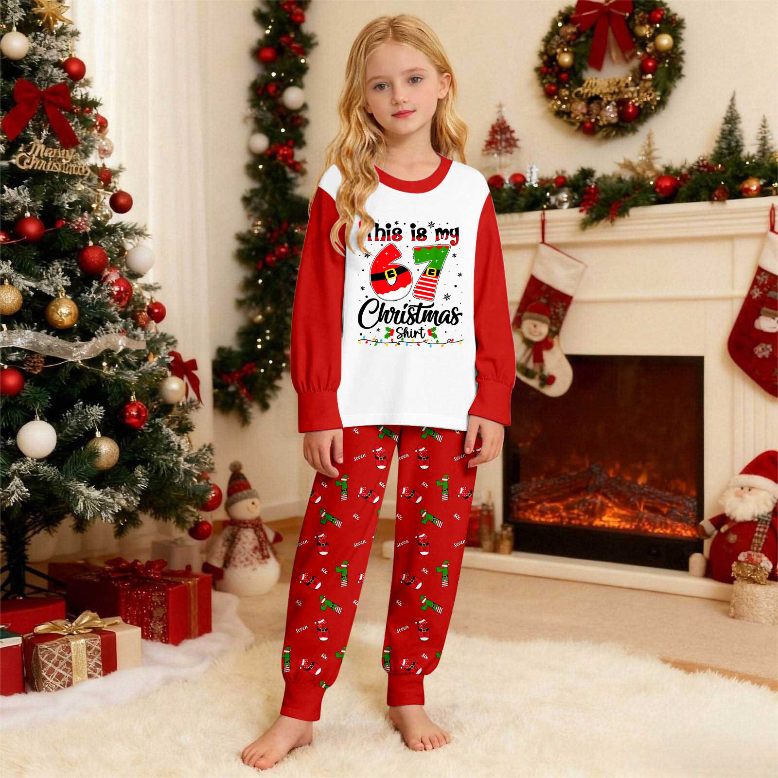 ASFGIMUJ Christmas 67 Six Seven Meme Girls Long Sleeve Pajama With ...