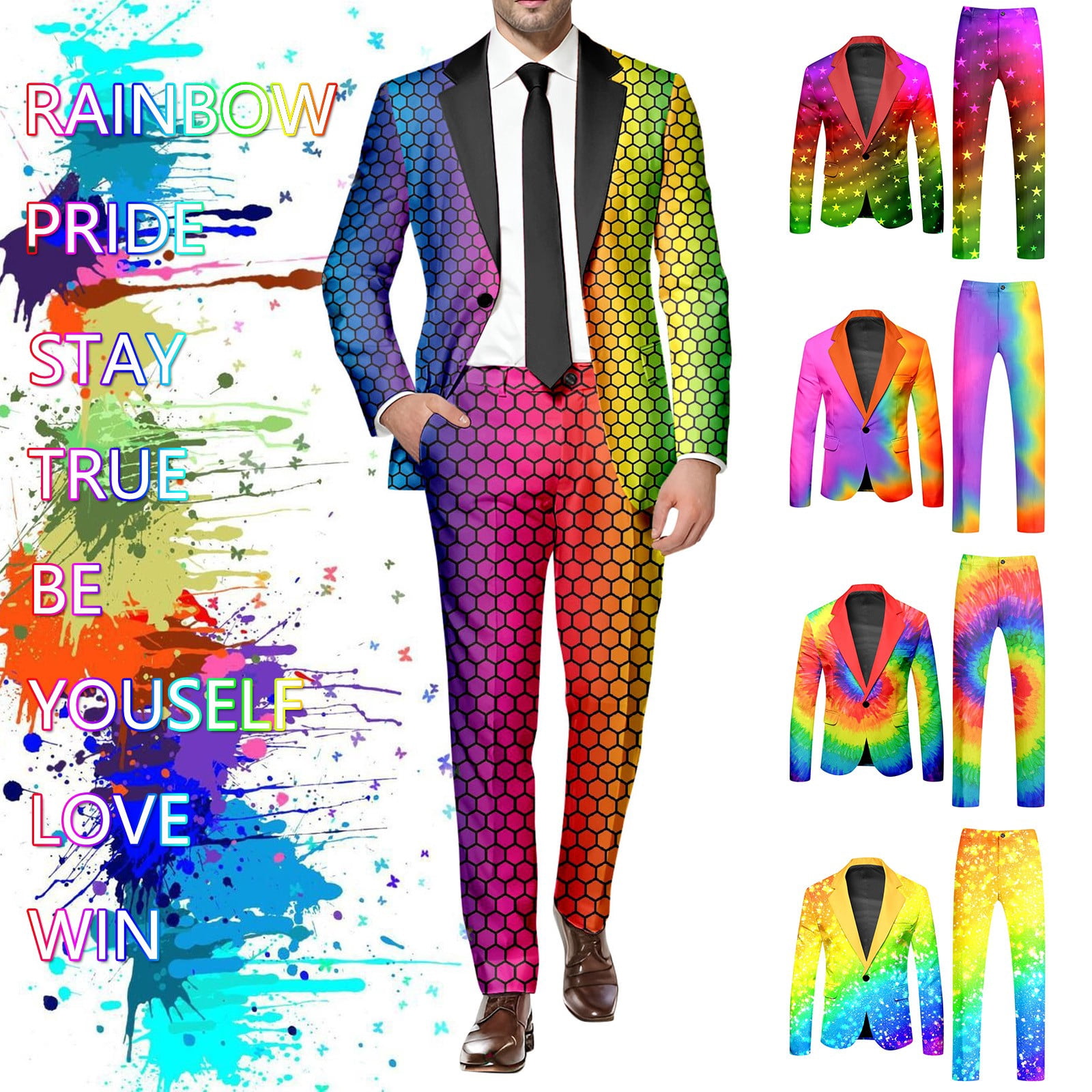ASFGIMUJ Men's Rainbow Print Suit Set Colorful Pride Blazer and Pants 2 ...