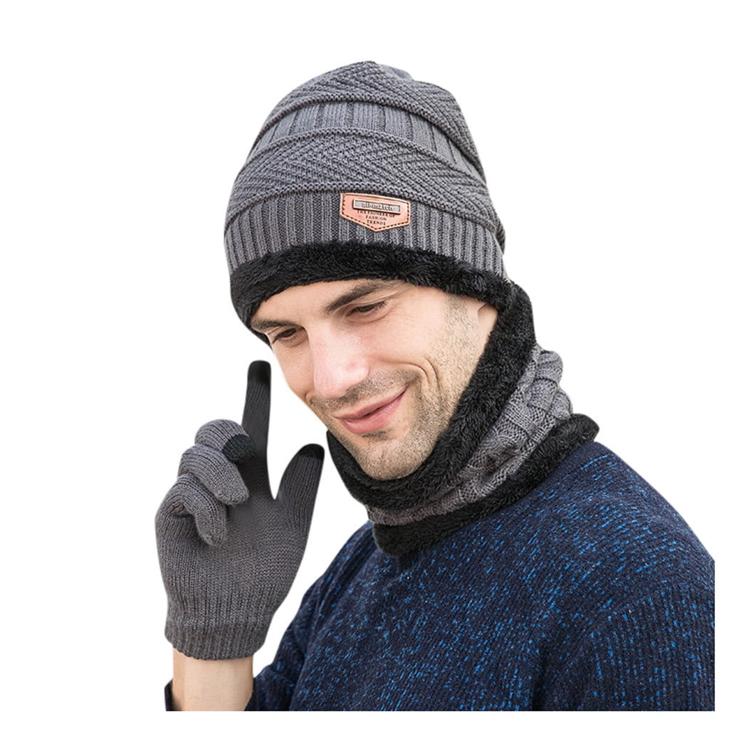 ASFGIMUJ Men's Winter Hat Cap Collar Set Plus Velvet Thick Knit Hat And ...